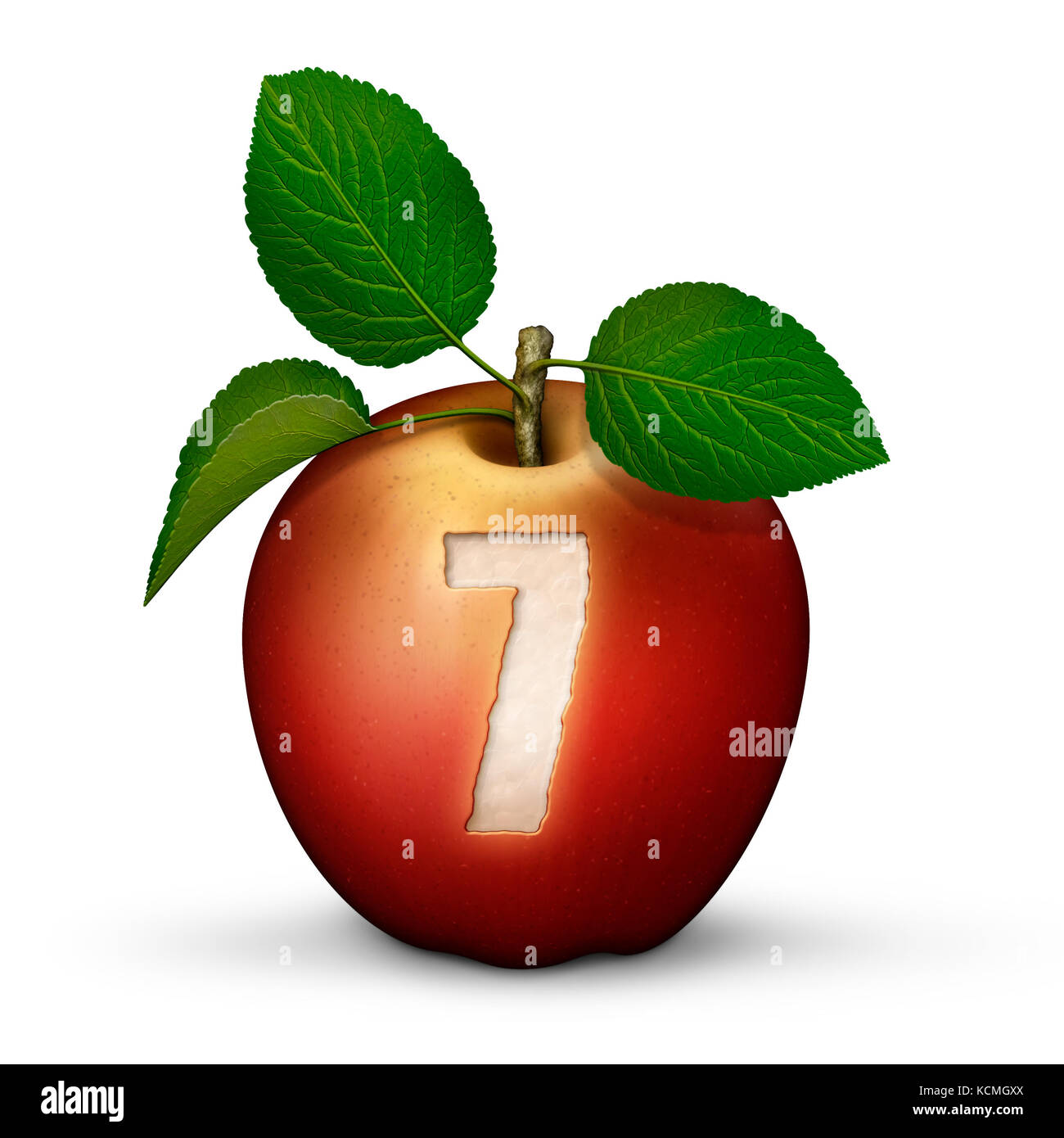 3D illustration of an apple with the number 7 bitten out of it Stock ...