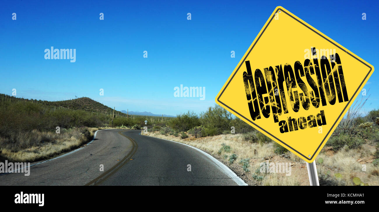 Depression crisis sign on a sky background and dessert road Stock Photo ...