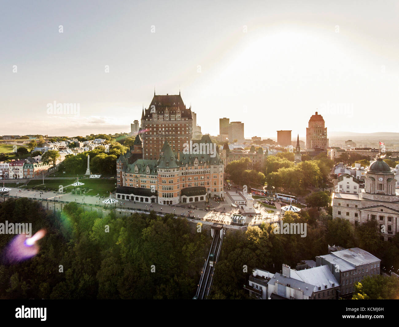 Aerial view of Chateau Frontenac hotel and Old Port in Quebec City ...