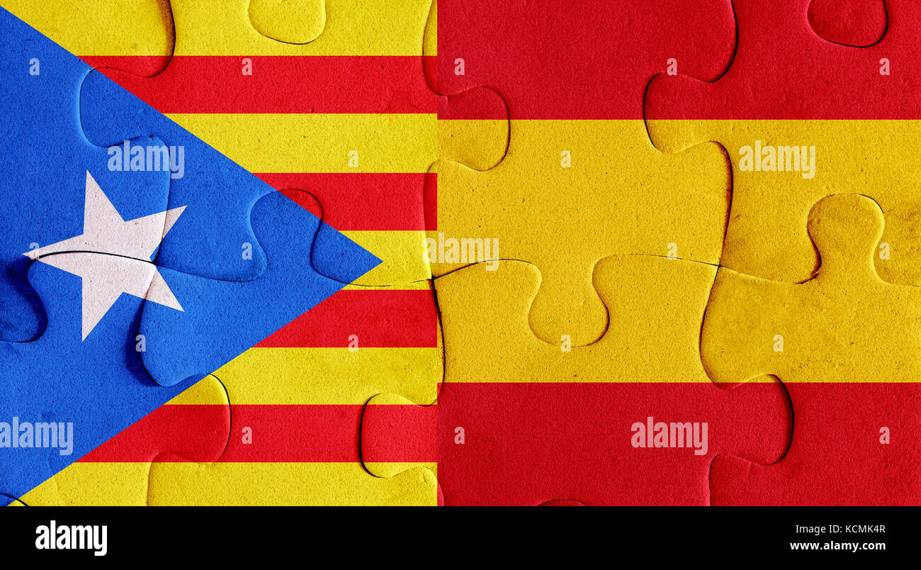 Illustration of a mixed of a Spain and Catalonia flag on puzzle surface ...