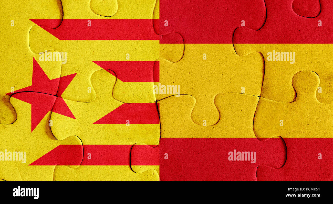Illustration of a mixed of a Spain and Catalonia flag on puzzle surface ...