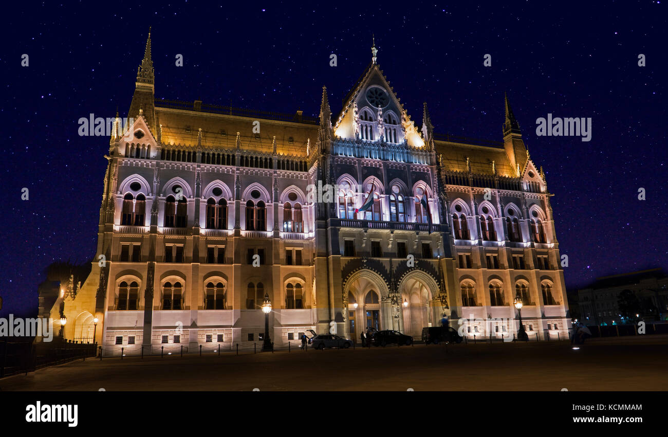 The iconic Budapest parliament in a starry night, side view from ...