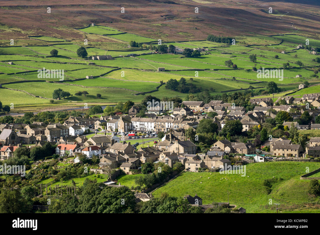 View of the village of Reeth from the hillside below Fremington edge in ...