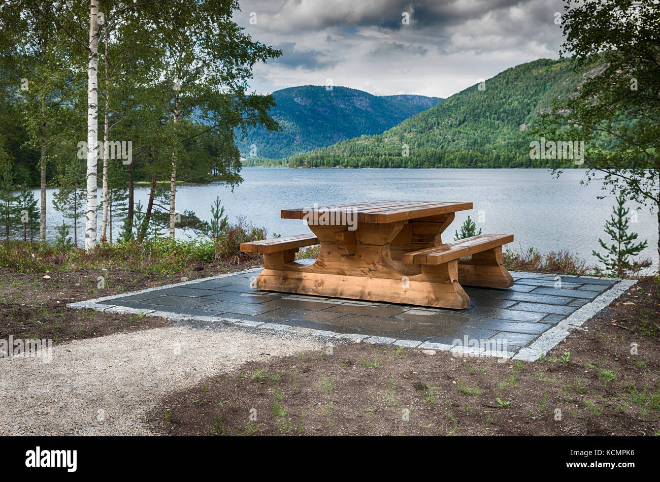 wooden bench at fjord in norway Stock Photo - Alamy