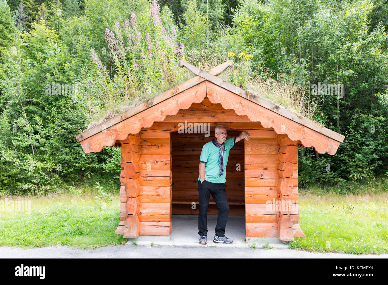 adult man wating for the bus at traditional bus stop in Norway Stock ...