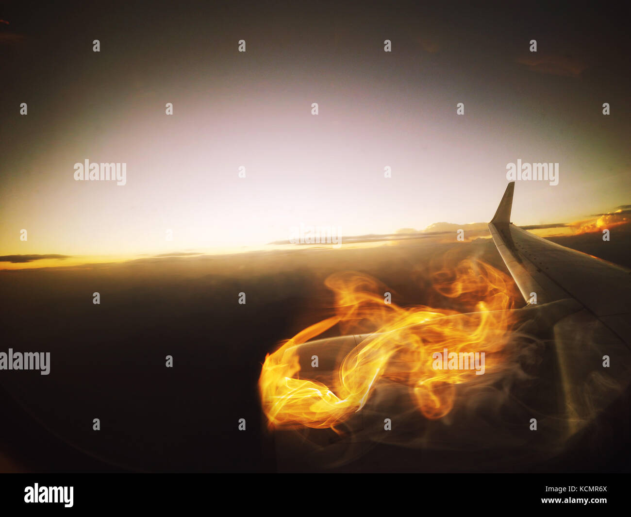 burning plane engine, fire and smoke, view from the window Stock Photo ...