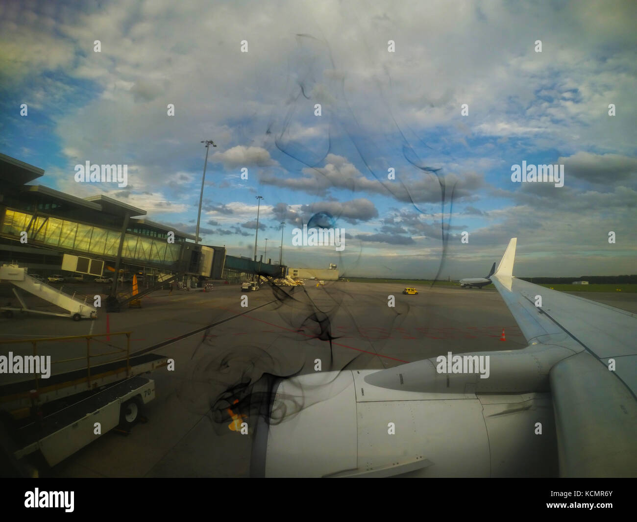burning plane engine, fire and smoke, view from the window Stock Photo ...