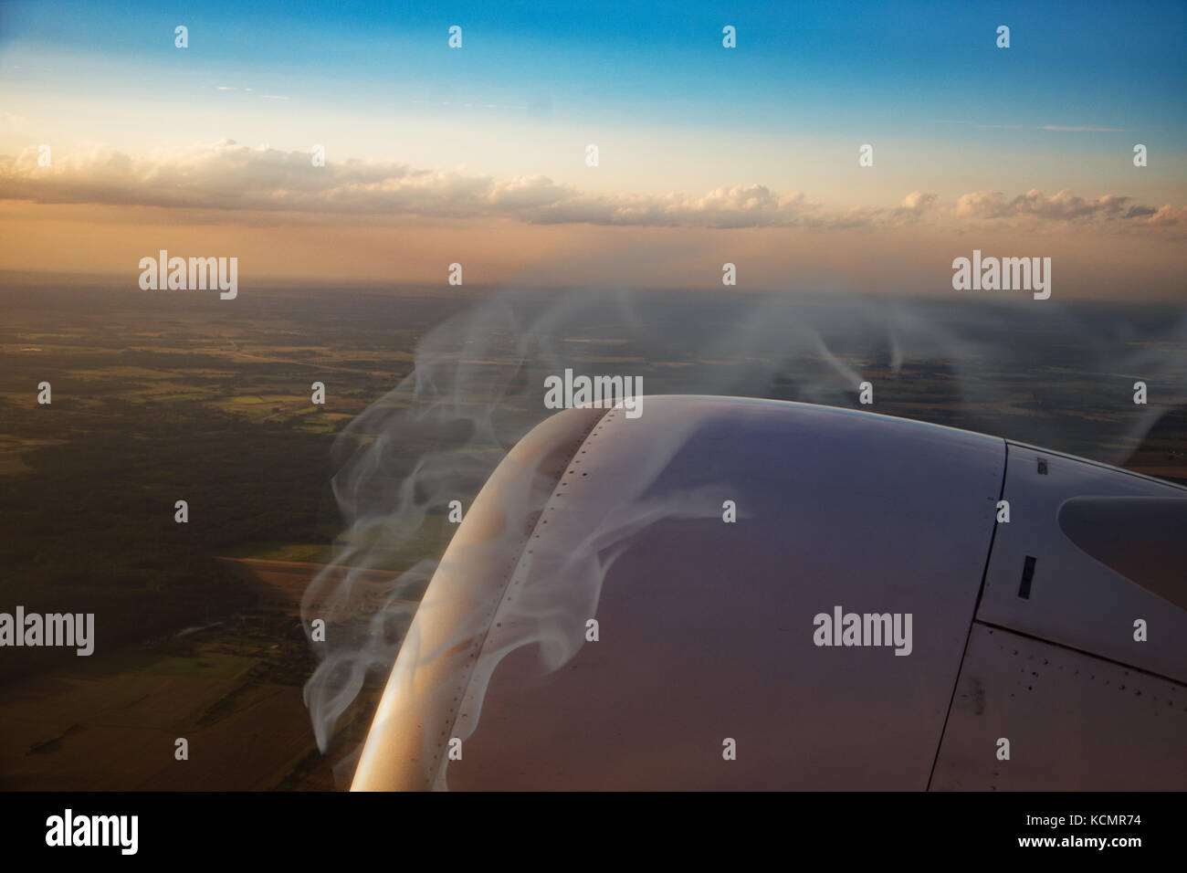 burning plane engine, fire and smoke, view from the window Stock Photo ...