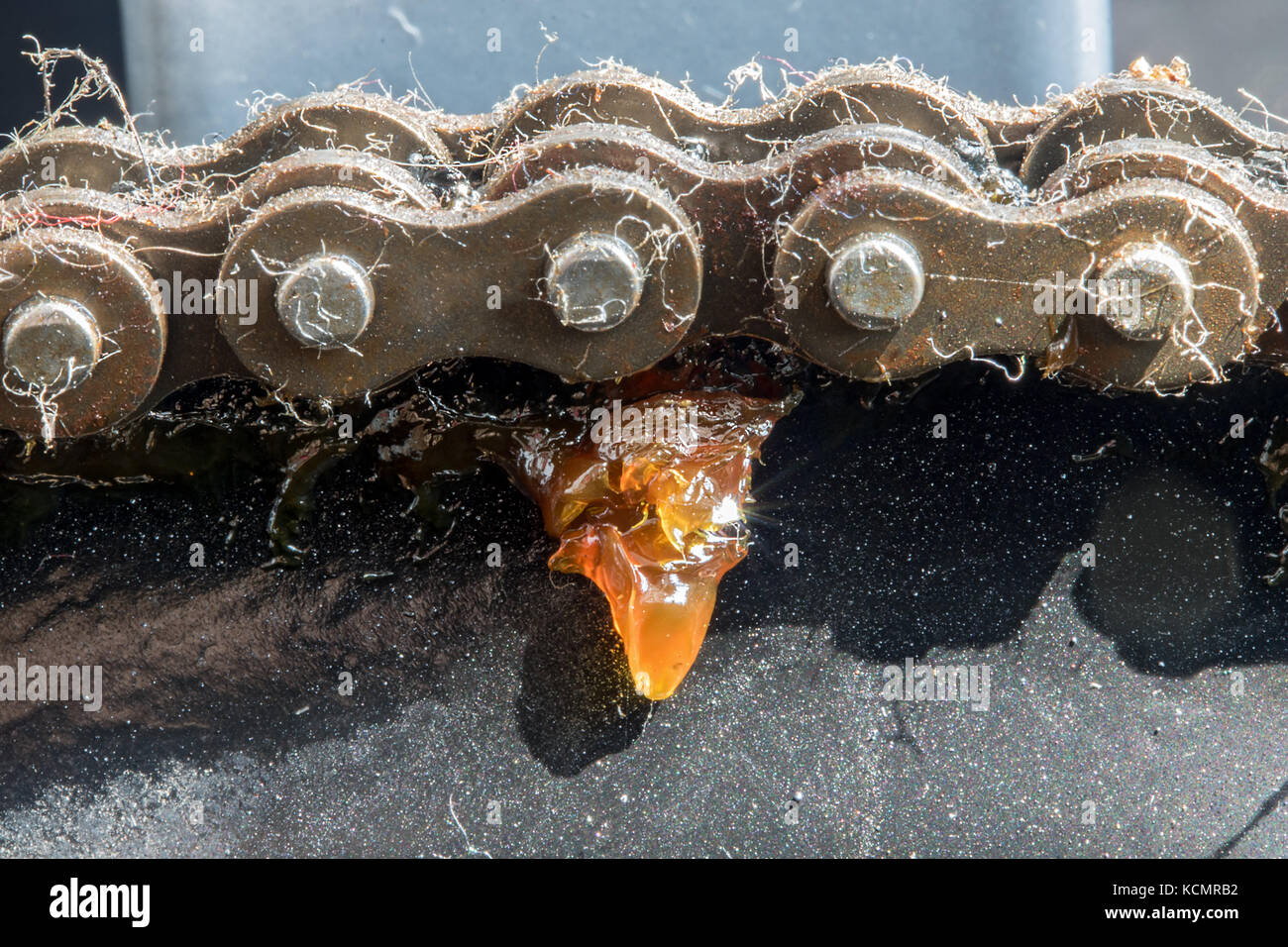 A close-up view of a chain circling the cogwheel. Part of a machine ...