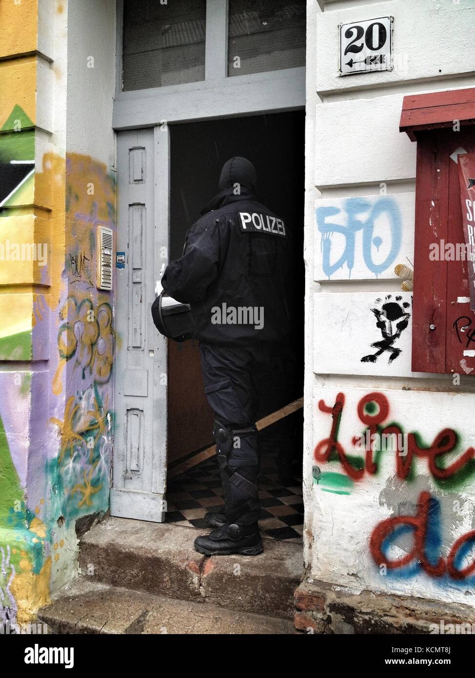 Magdeburg, Germany - ca. 2014: German policeman from behind during a ...