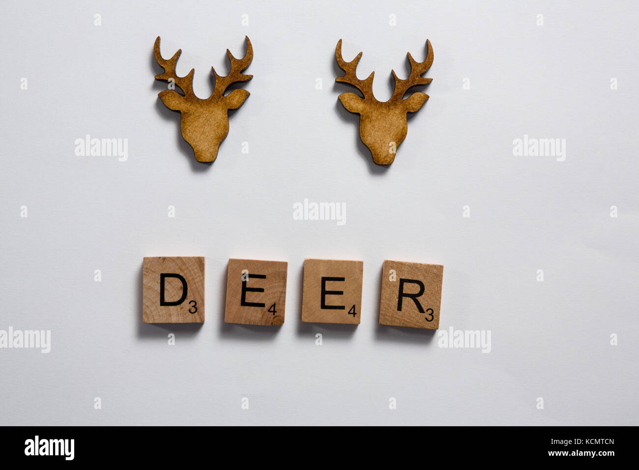 Overhead of deer words arranged in wooden blocks on white background ...