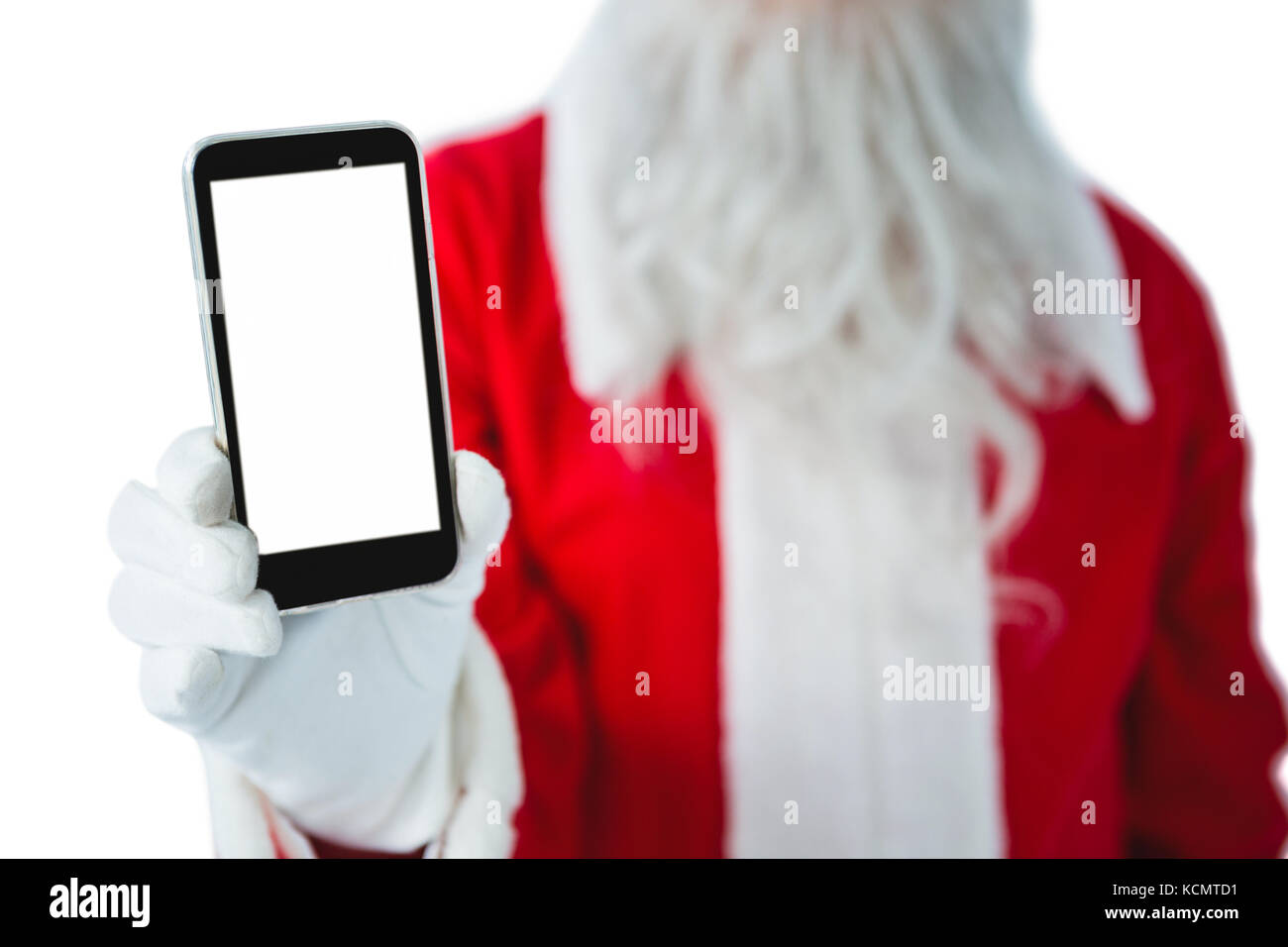 Mid-section of Santa Claus holding mobile phone against white ...