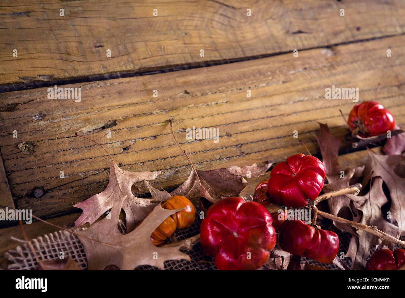 Close-up of dry leaves and mistletoe on wooden plank Stock Photo - Alamy