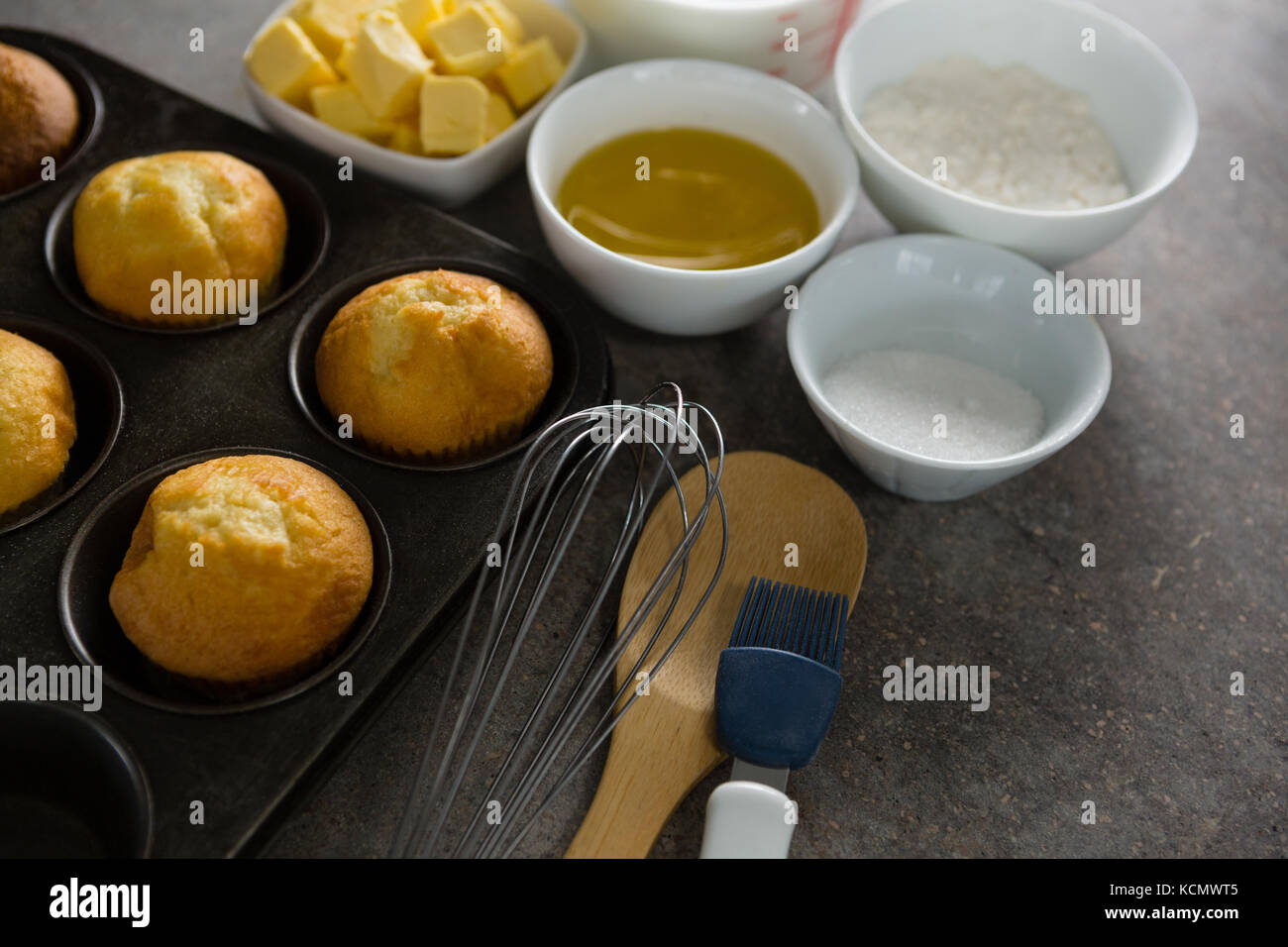 Various ingredients arranged on a concrete background Stock Photo - Alamy