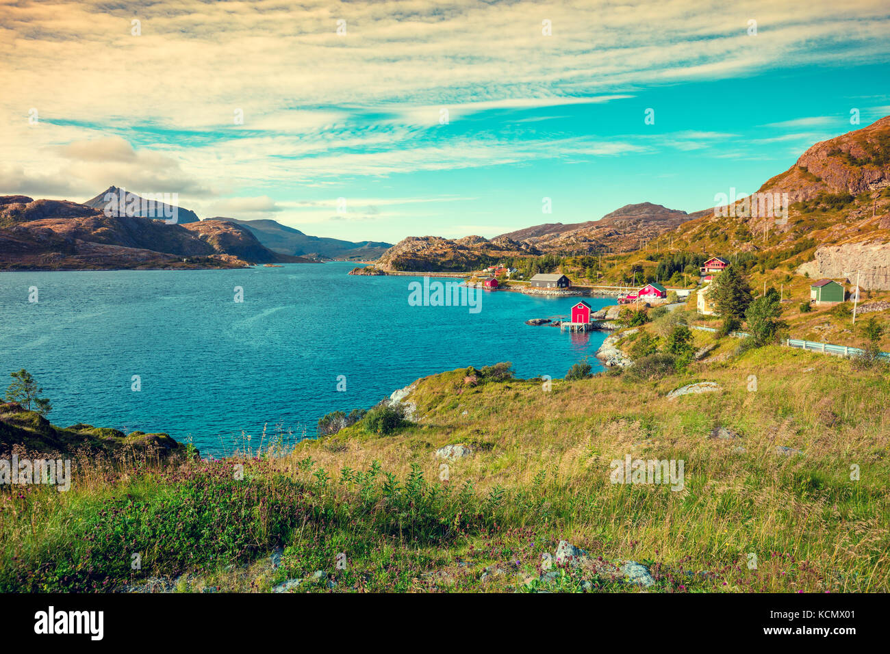 Panoramic view of the fjord and a fishing village. Lofoten islands ...