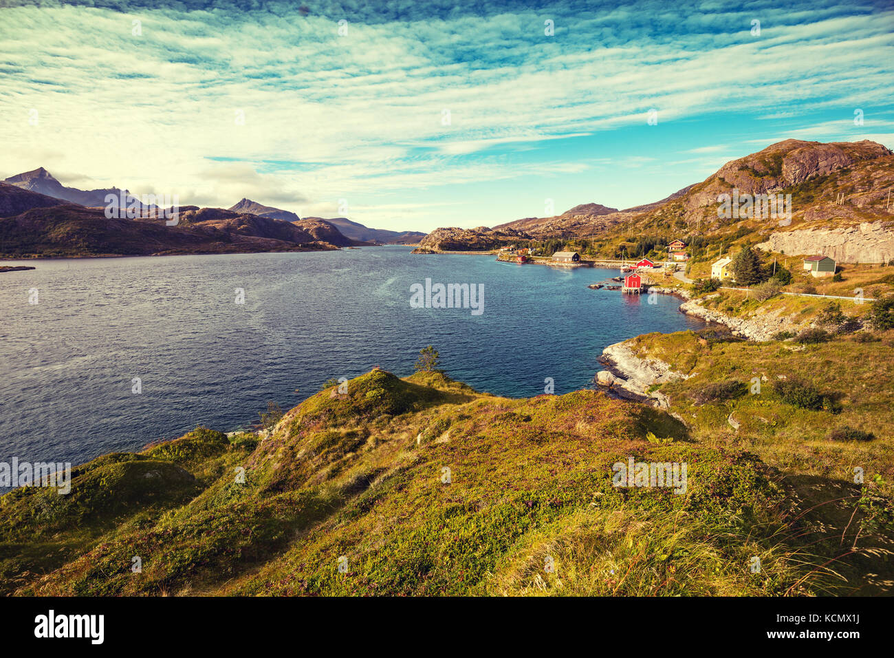 Panoramic view of the fjord and a fishing village. Lofoten islands ...