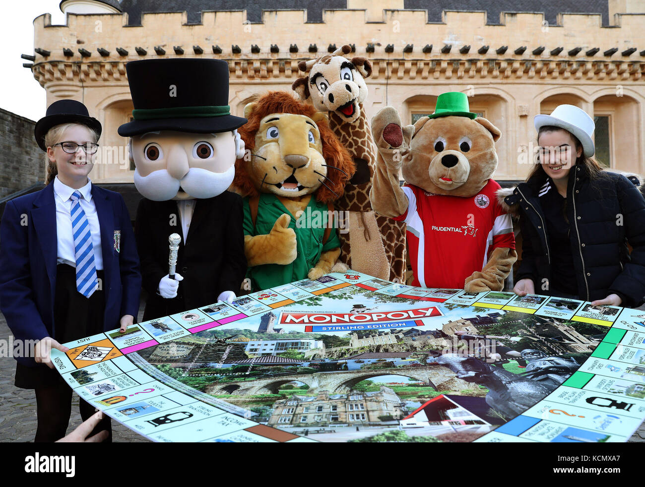 (left to right) 13 year old Mary Peck, Mr Monopoly, Blair Drummond ...