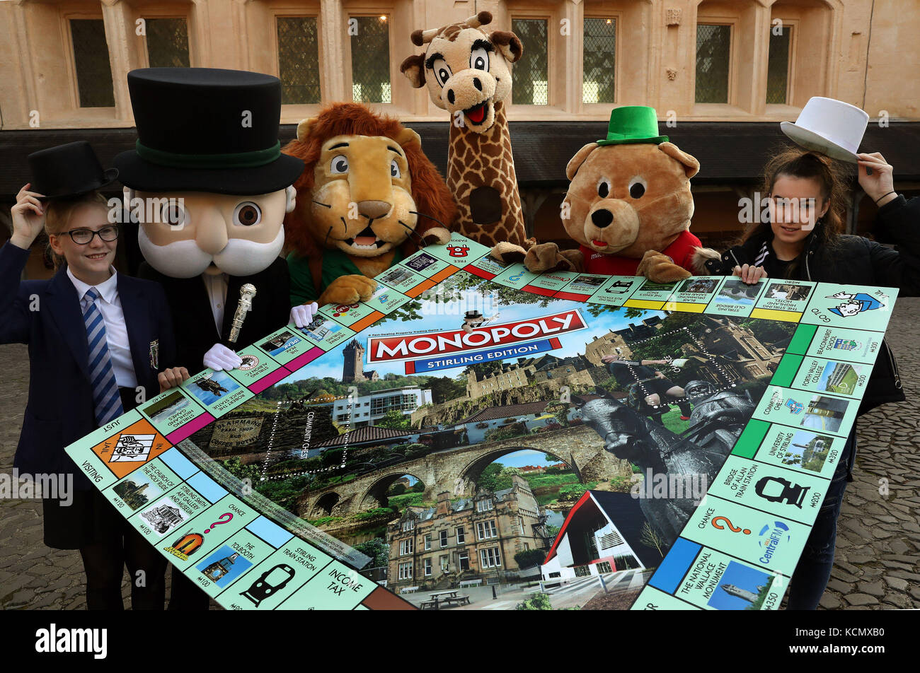(left to right) 13 year old Mary Peck, Mr Monopoly, Blair Drummond ...