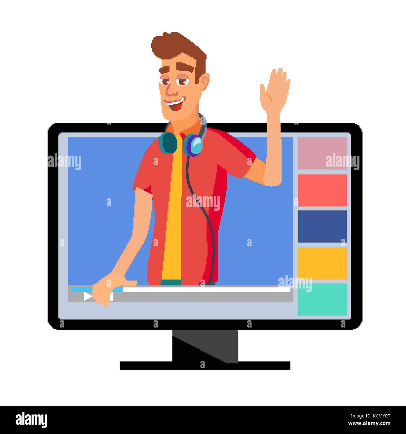 Video Blogger Vector. Classic Man Blogger With Camera. Records Video ...