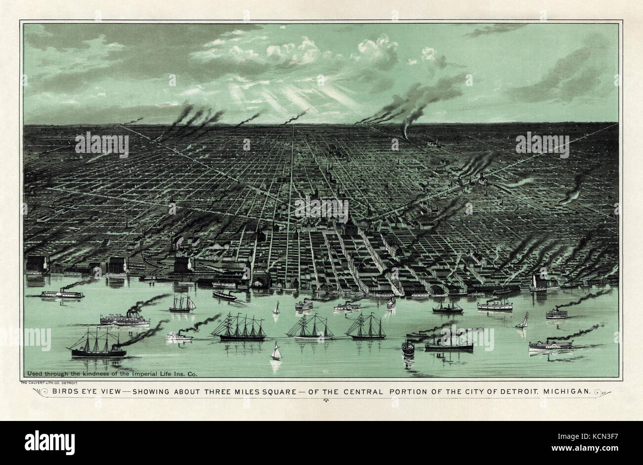 Bird's eye view of Detroit, Michigan, 1889 . Calvert Lithographing Co ...