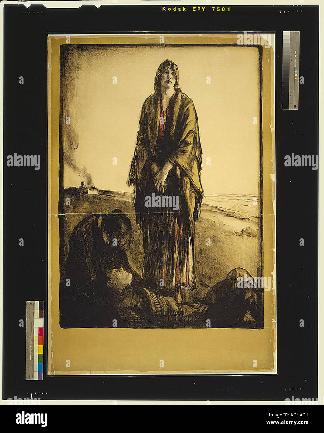 A woman stands disconsolate, as another bends over a dead soldier; a ...