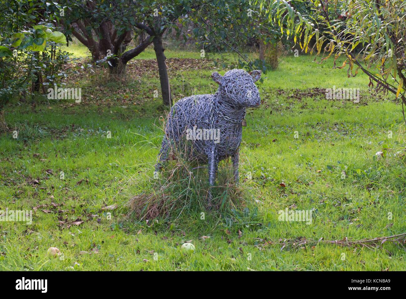 Steel sculptures of sheep in community orchard in city allotment Stock ...