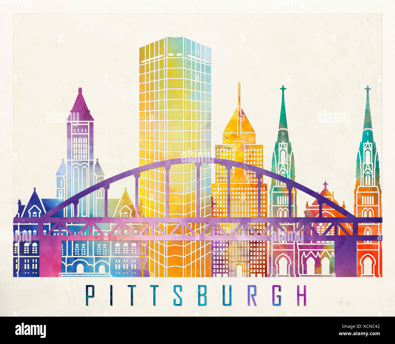 Pittsburgh landmarks watercolor poster Stock Photo - Alamy