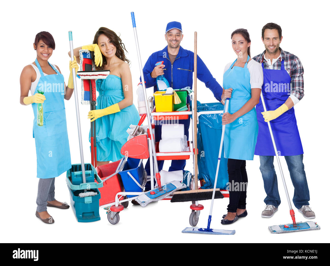 Group of professional cleaners. Isolated on white Stock Photo - Alamy