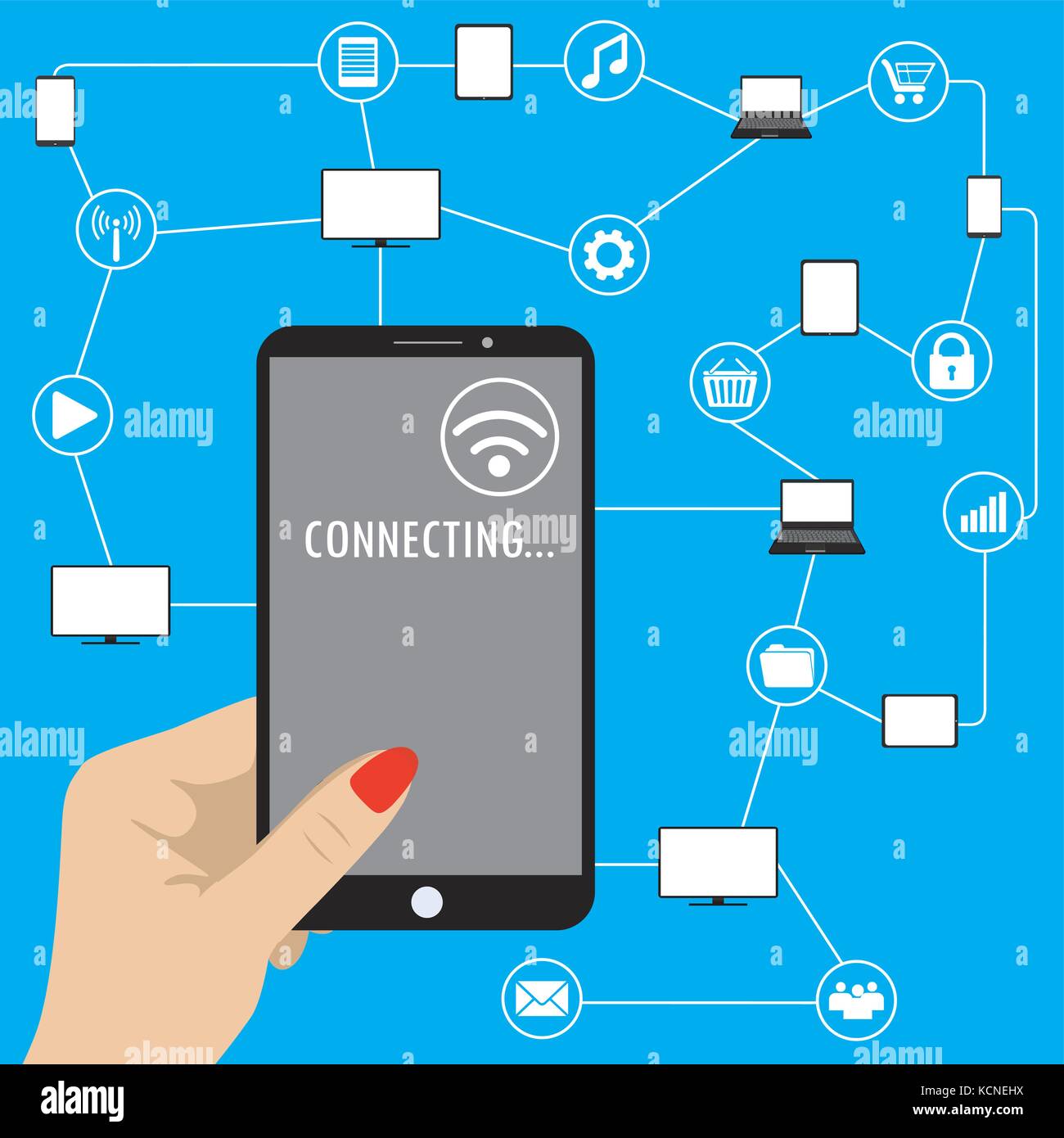 Hand holding smart phone,Conceptual picture of connection between ...