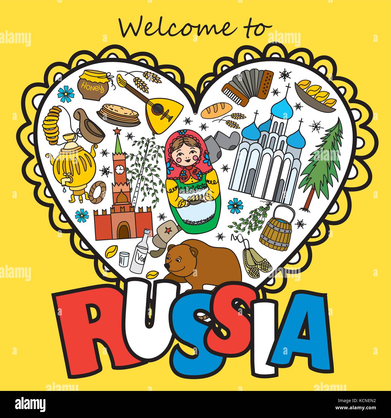 Russia travel heart set with traditional national elements icons set ...