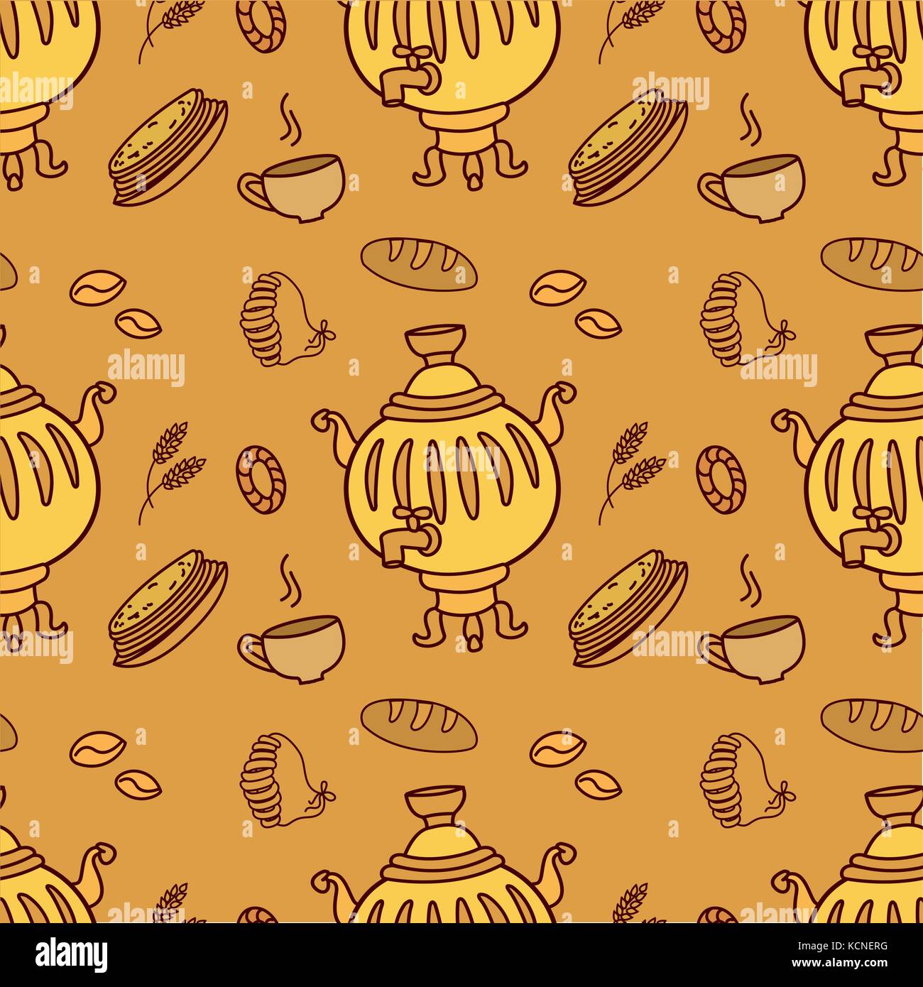 Seamless pattern with Russian traditional food and Samovar, vector ...