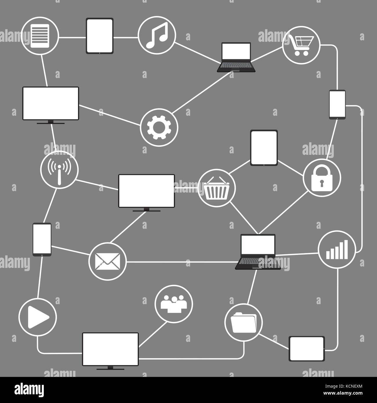 Conceptual picture of connection between gadgets, icons, networks.Flat ...