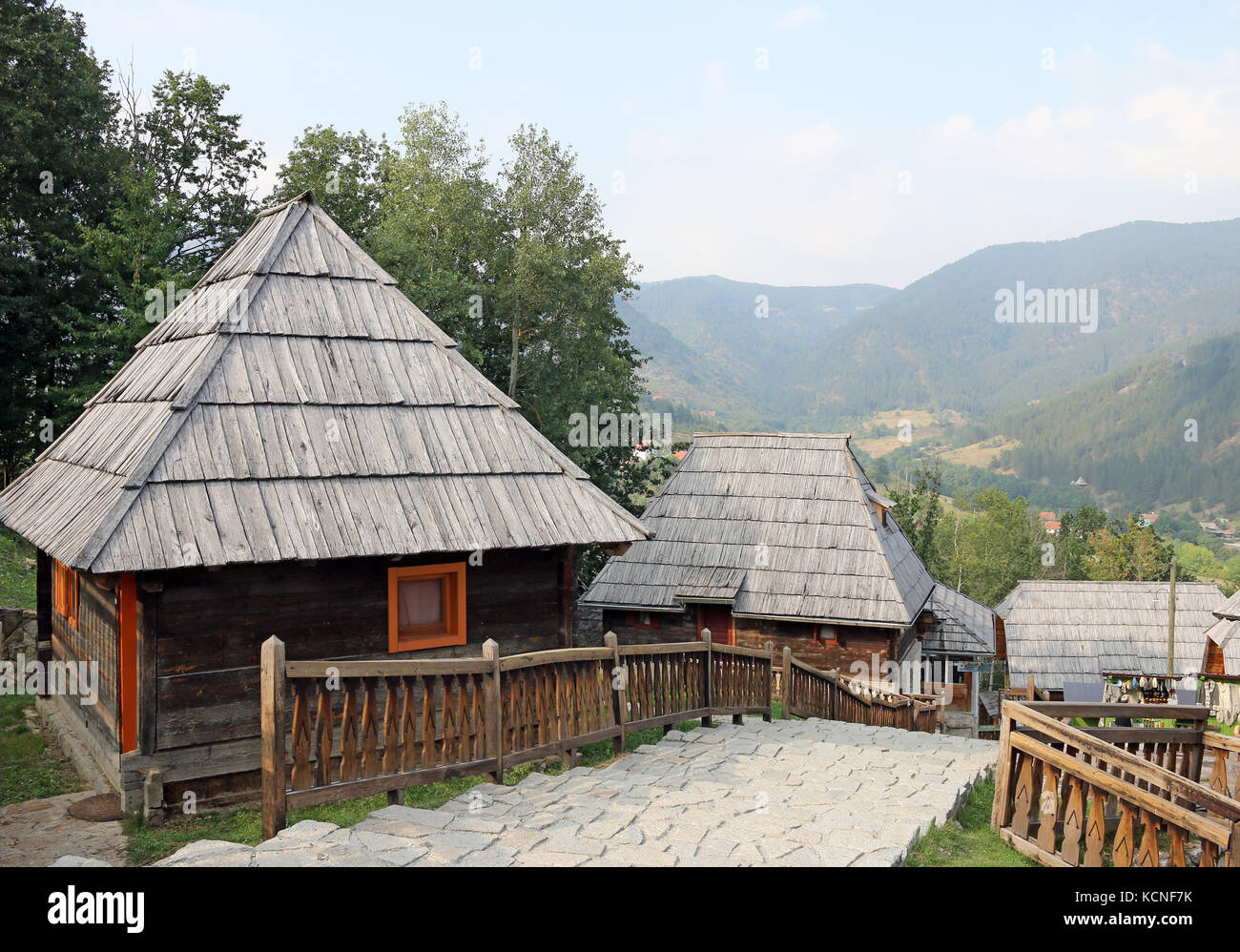 village with wooden cabin log on mountain Stock Photo - Alamy
