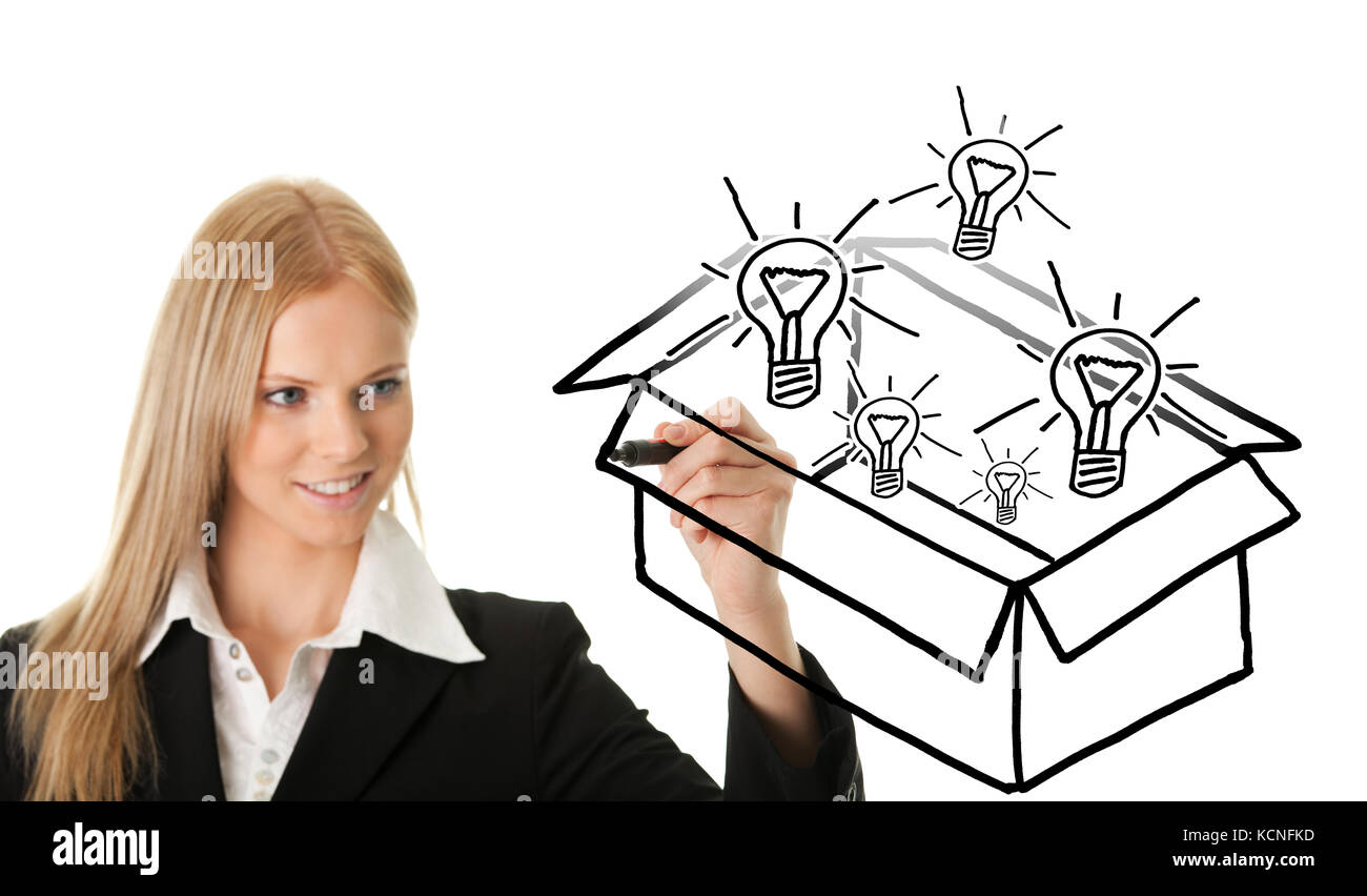 Ideas out of the box concept on white screen Stock Photo - Alamy