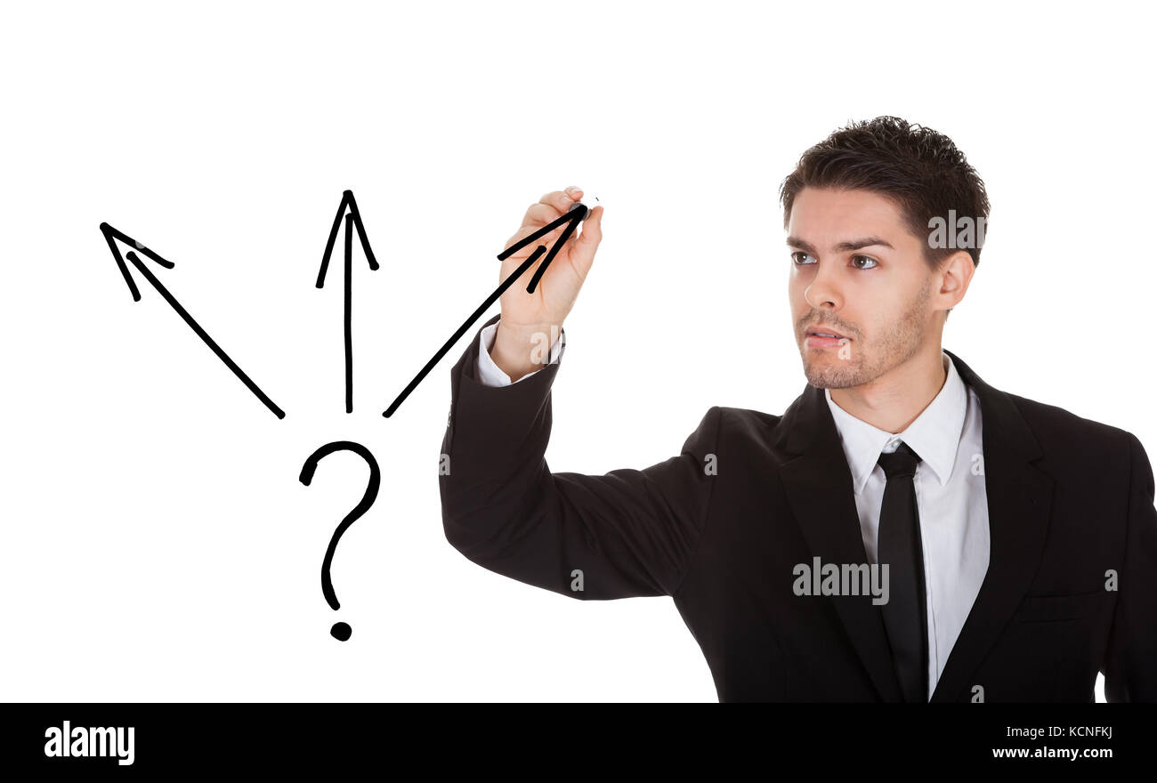Man holding pen drawing direction choice concept on white screen Stock ...