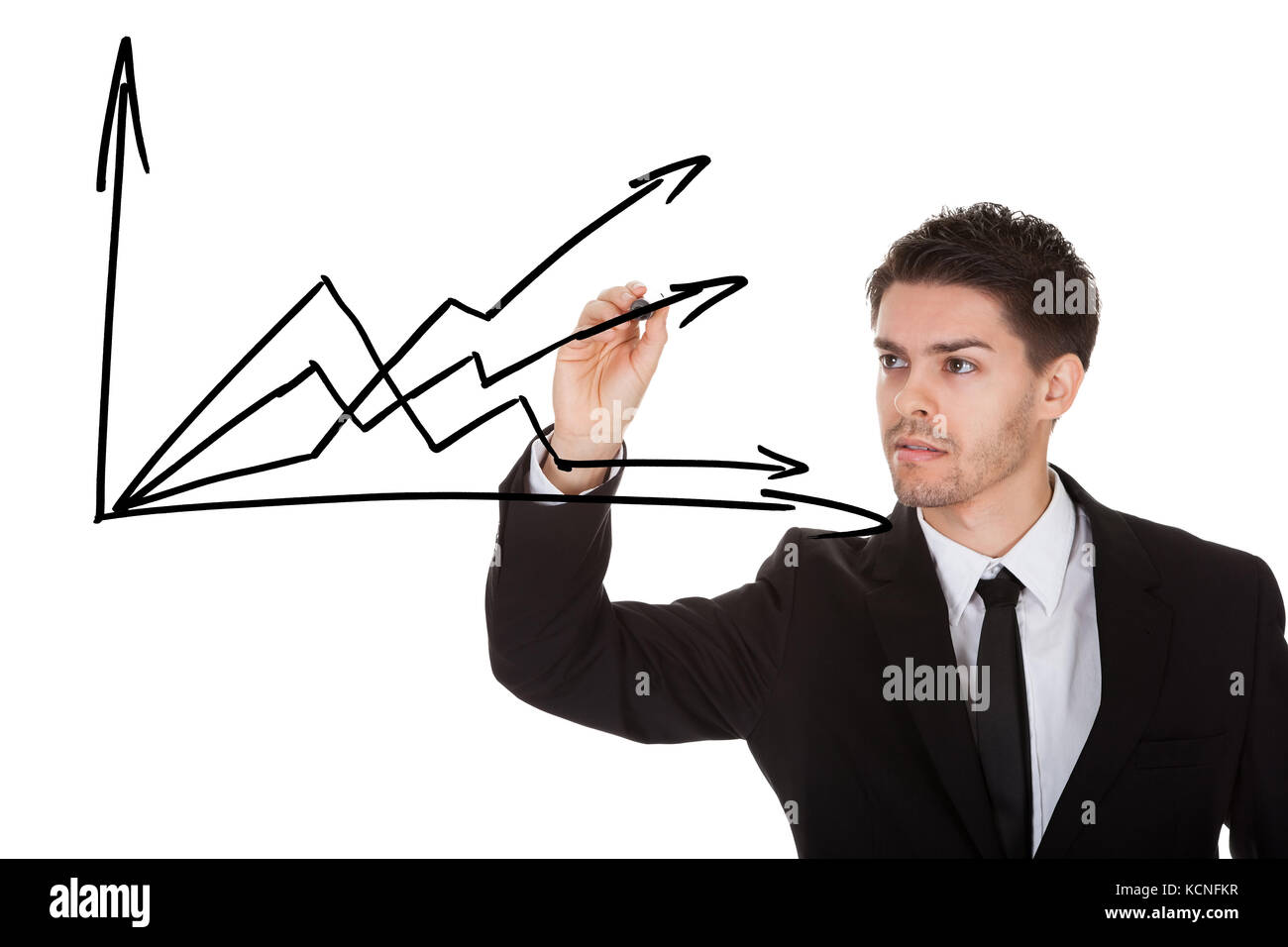 Man holding pen writing charts on white screen Stock Photo - Alamy