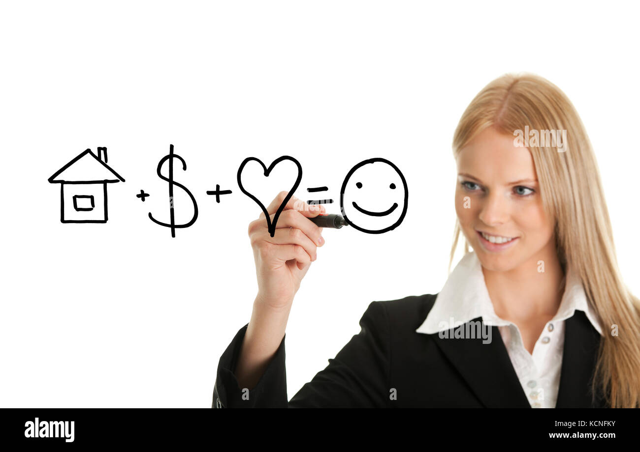Woman holding pen drawing happiness formula on white screen Stock Photo ...