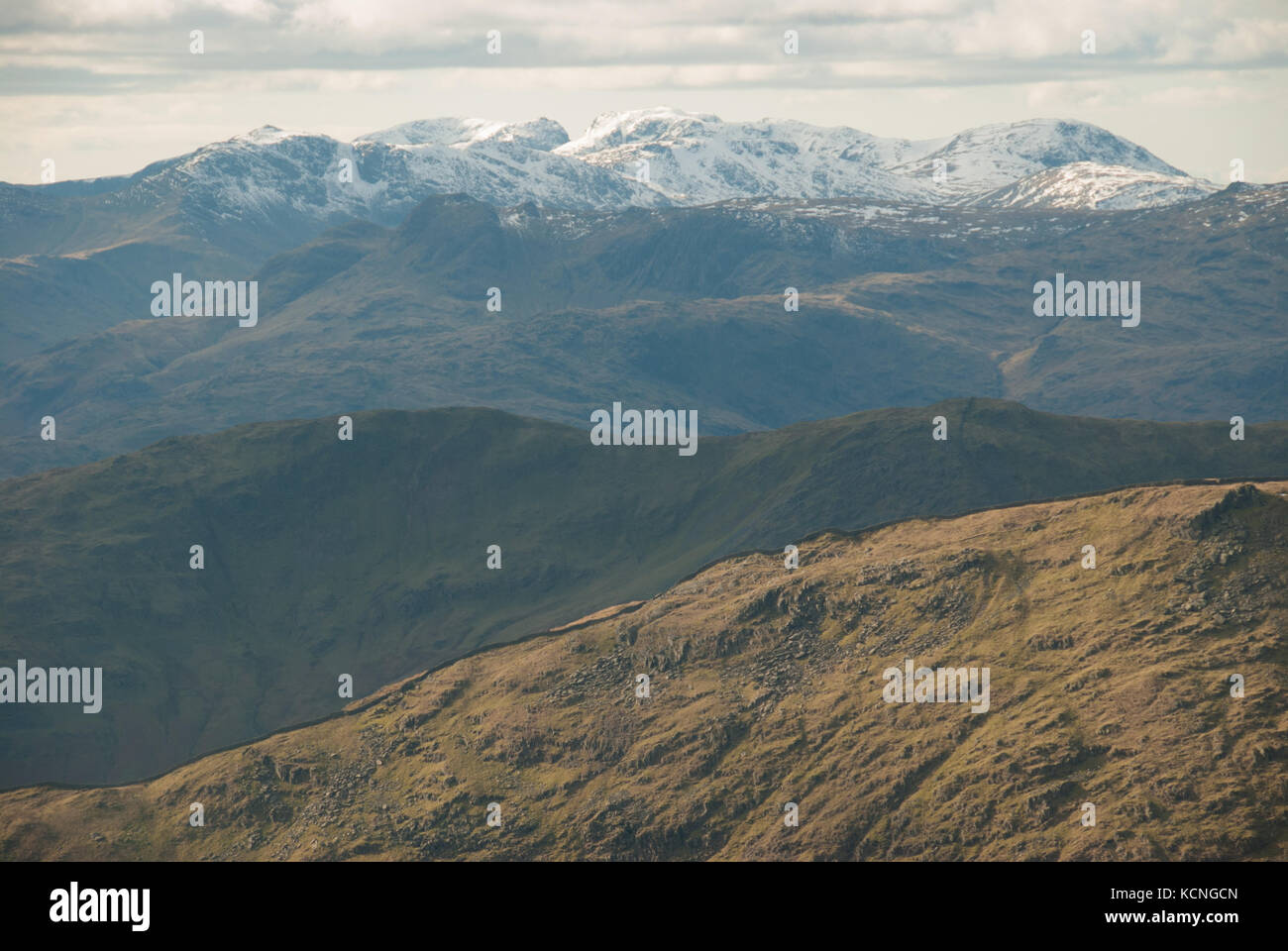 Scafell Pike, Scafell and Bowfell seen over Langdale Pikes from summit ...