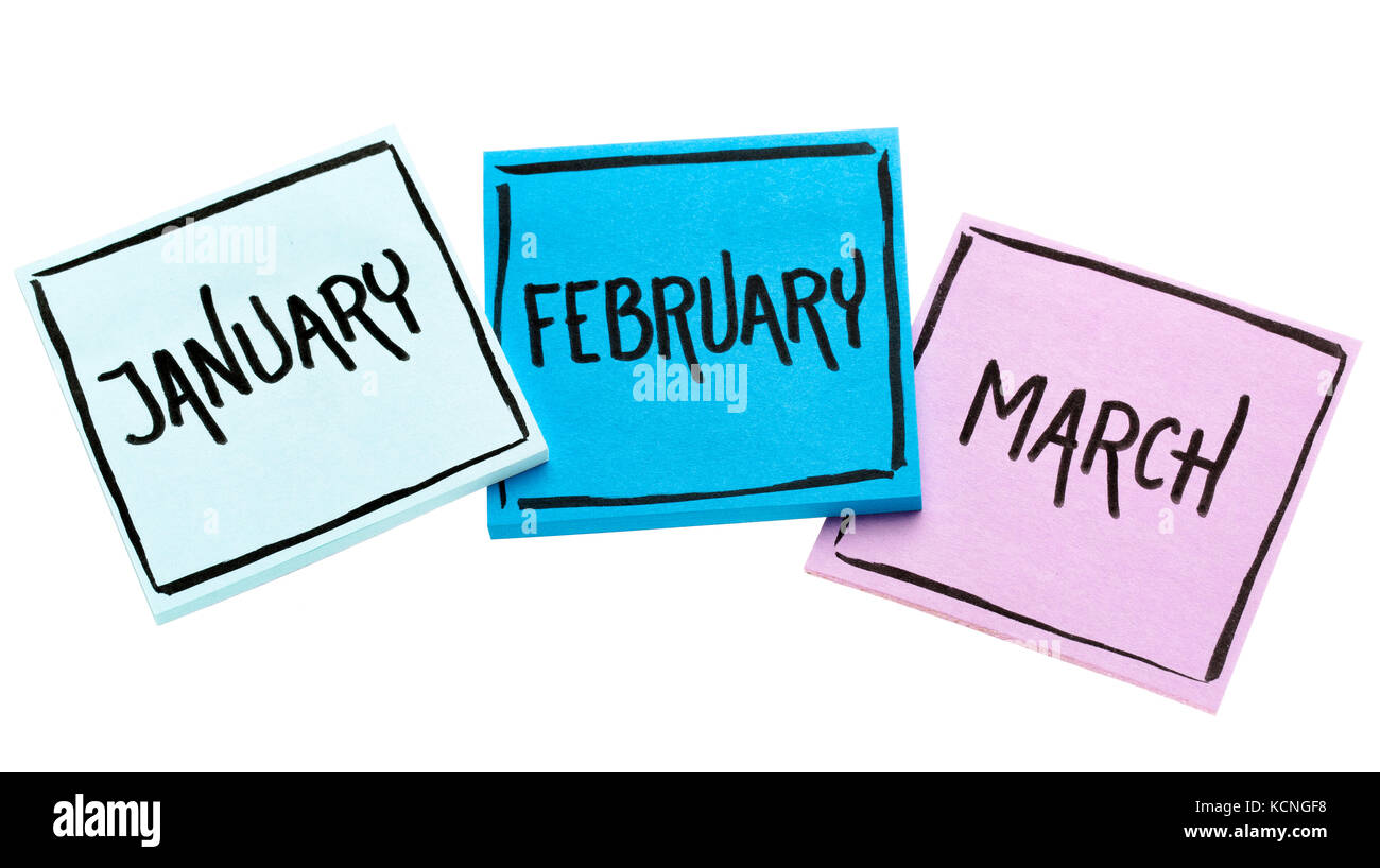 January, February and March - handwriting in black ink on isolated ...