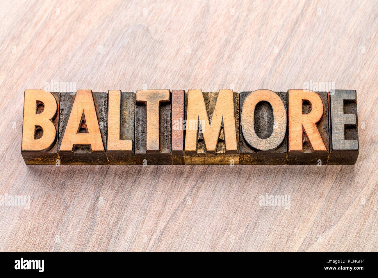 Baltimore word abstract in vintage letterpress wood type against ...