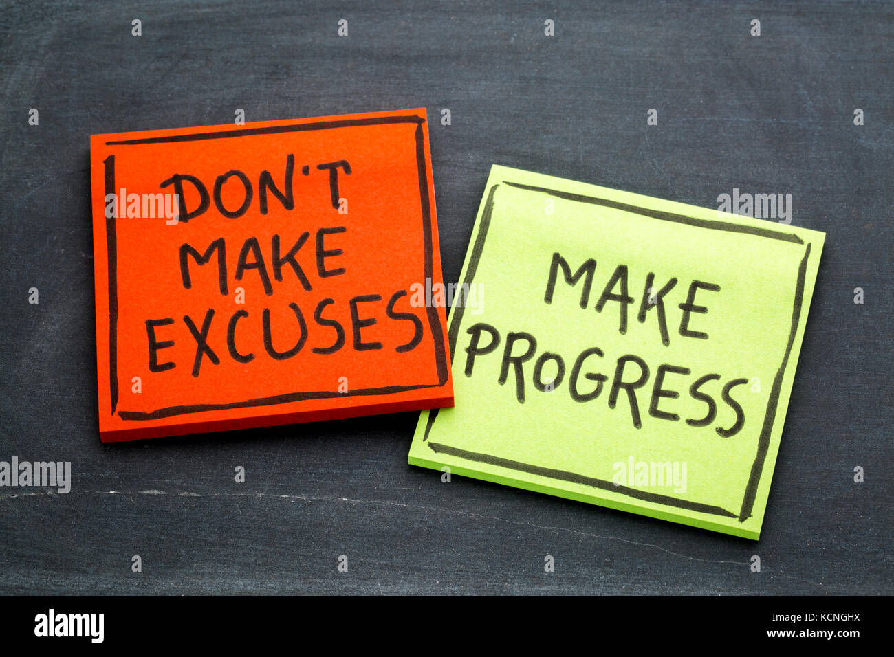 Don't make excuses, make progress - handwriting on sticky notes against ...