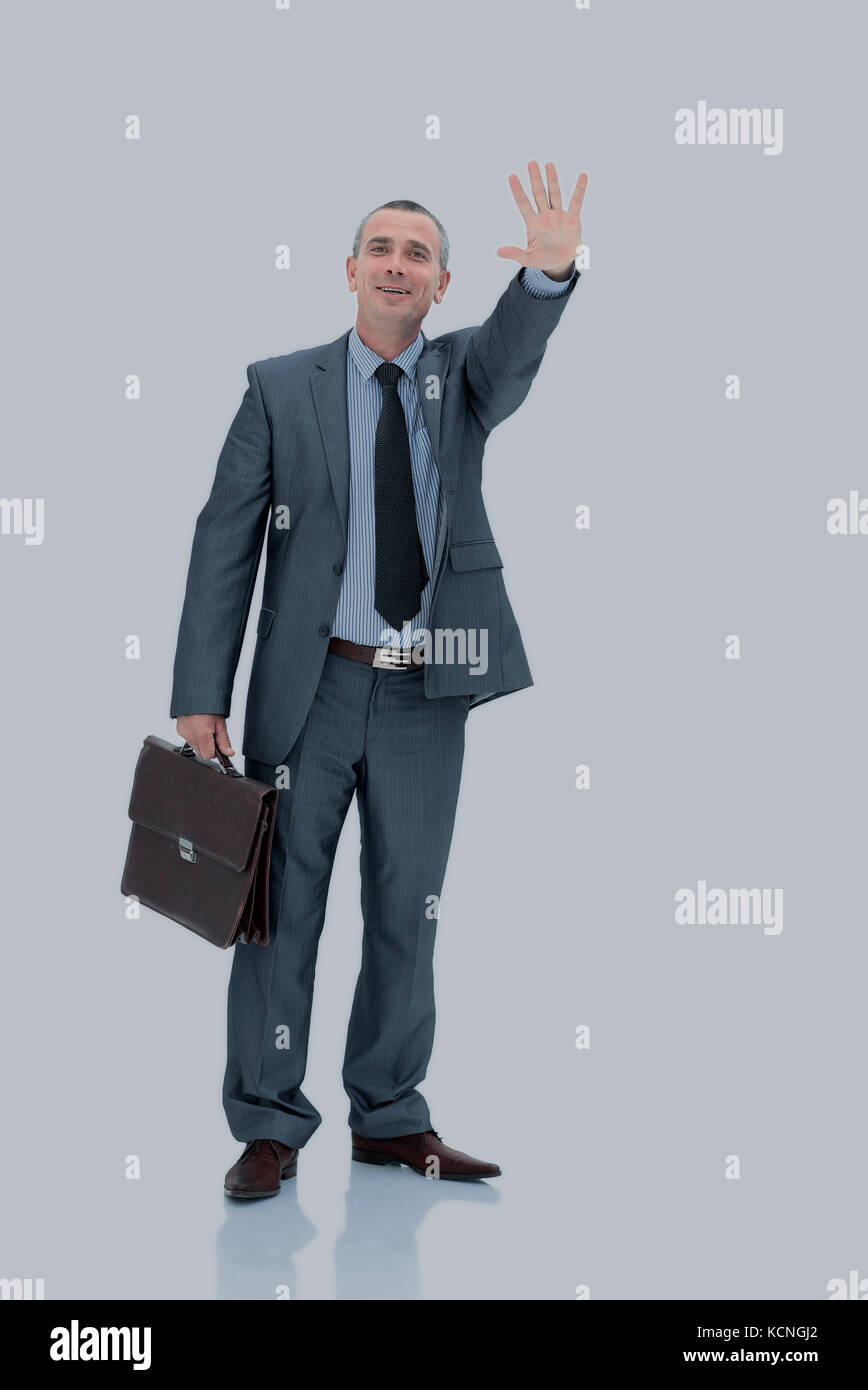 portrait of a qualified lawyer in a gray business suit with a brown ...