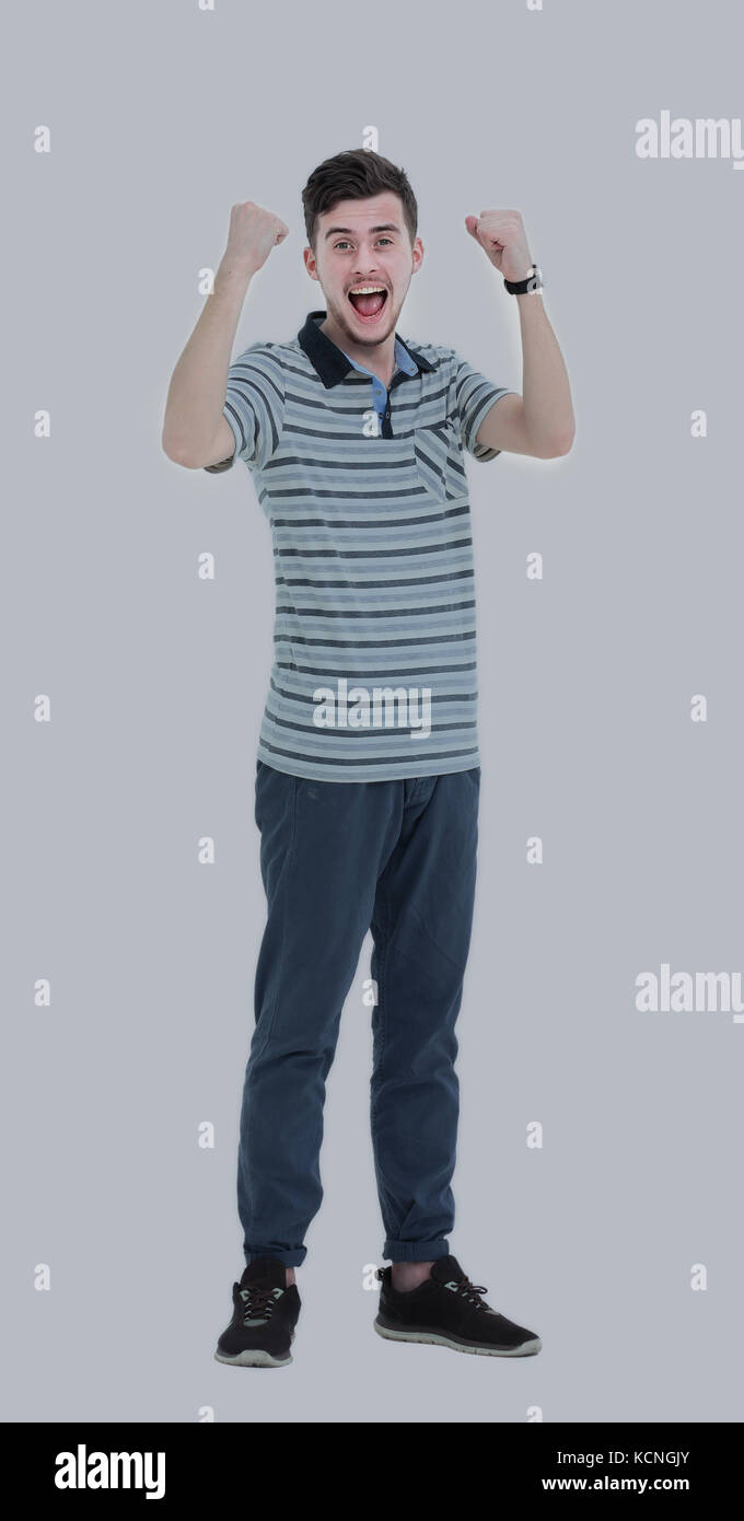 Shouting happy man with his arms raised up on white background Stock ...