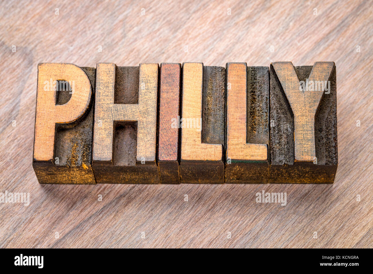 Philly (Philadelphia) word abstract in vintage letterpress wood type ...