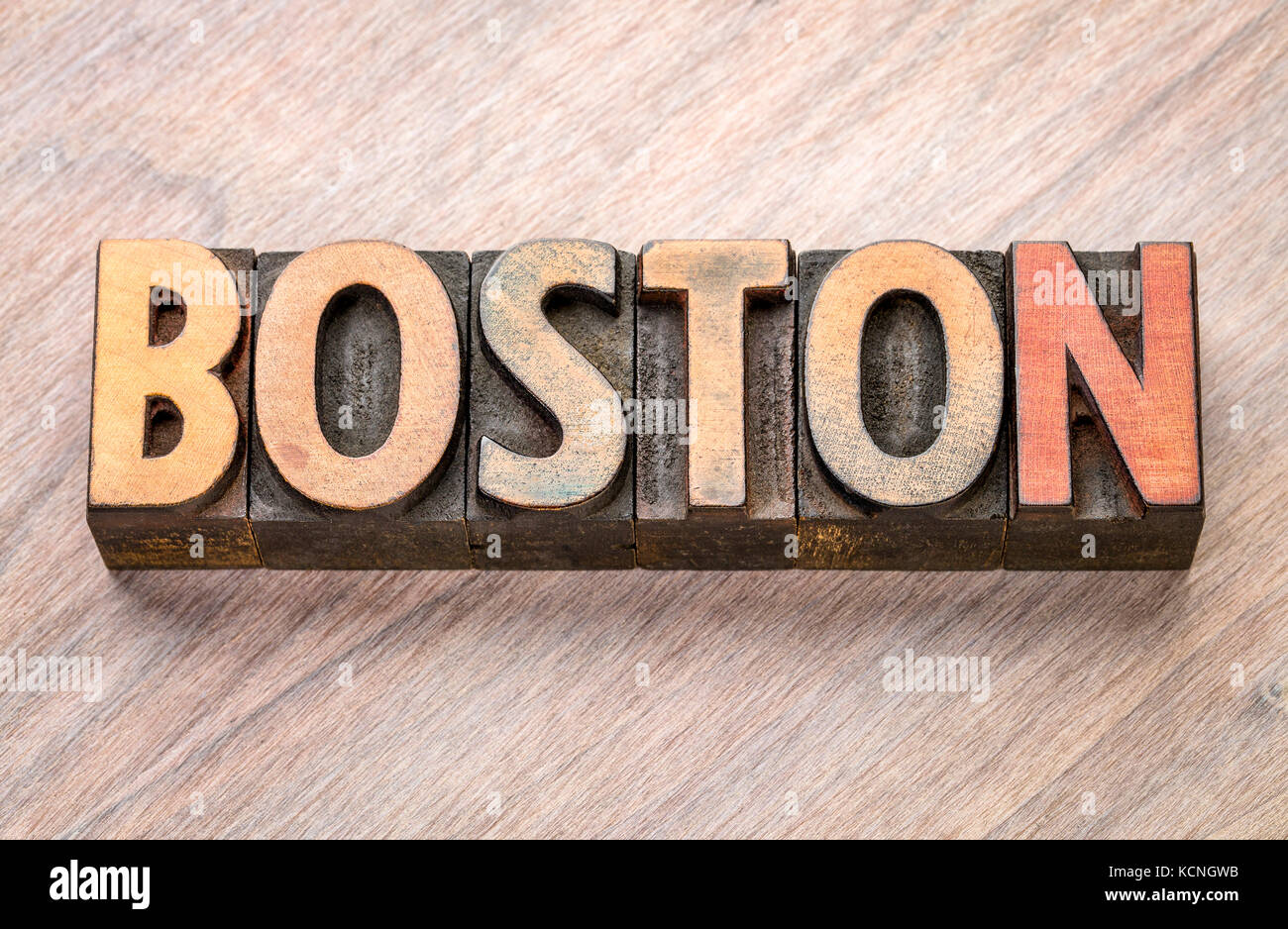 Boston word abstract in vintage letterpress wood type against grained ...
