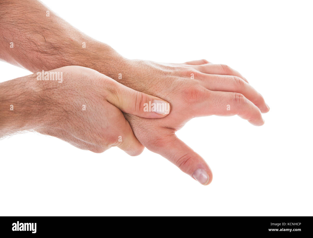 Close-up Of Person Pressing Palm With Thumb On White Background Stock ...