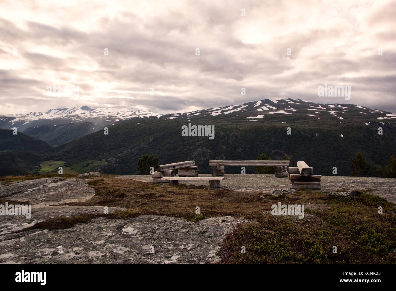 A bench in Norwegian mountains jotunheimen at summer evening Stock ...