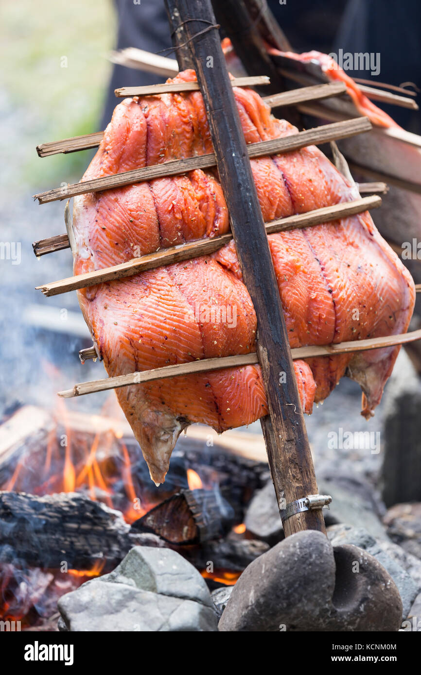 Salmon cooked first nation style over a fire, drips into the coals ...