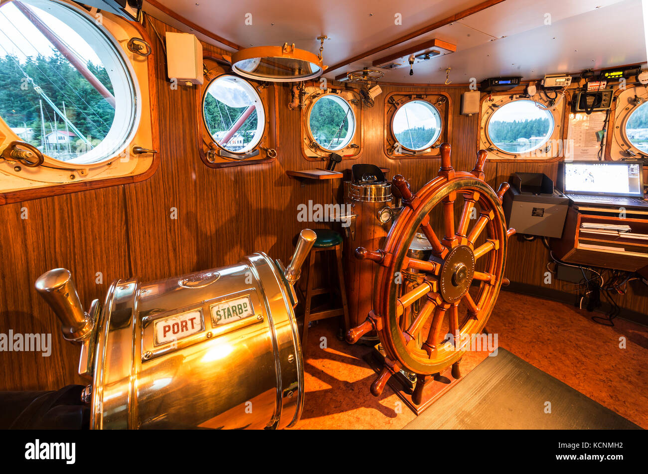 Wheelhouse of the supply boat the Uchuck 111 travelling between Gold ...