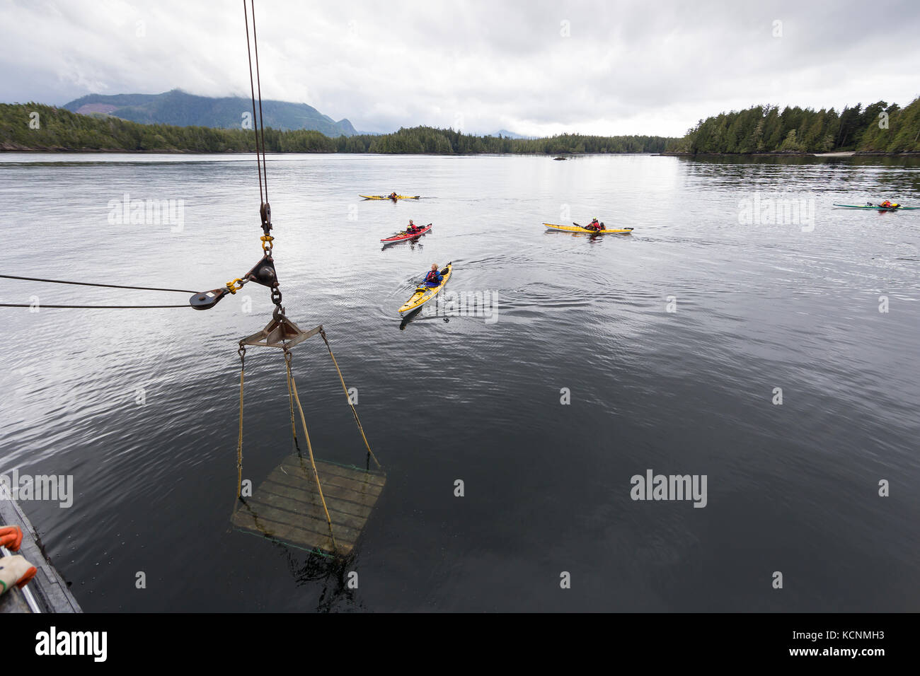 Kayakers wet launch from platform of the supply boat the Uchuck 111 ...